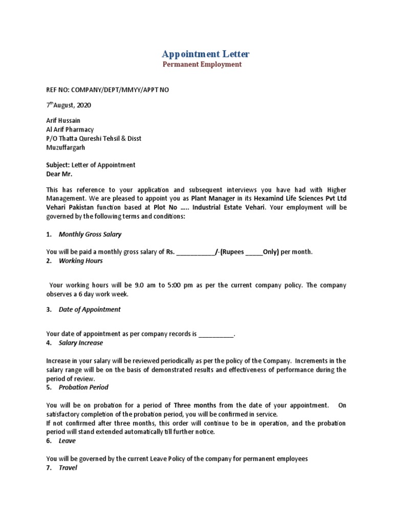Appointment Letter: Permanent Employment | PDF | Employment | Civil Law ...