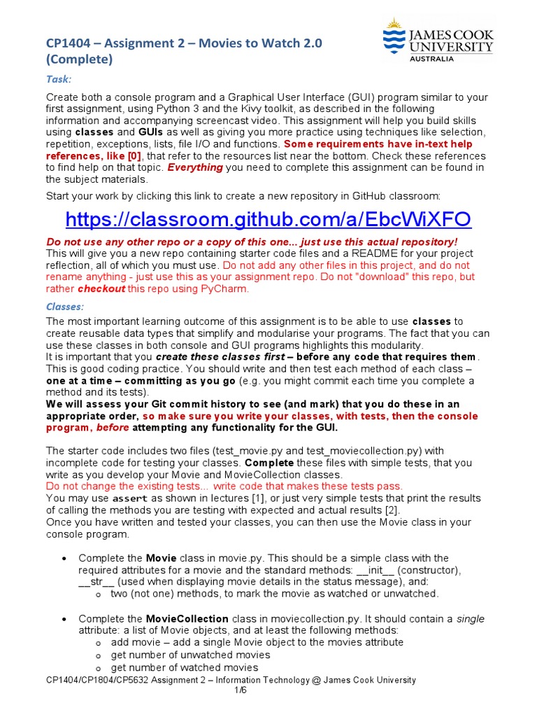 CP1404 - Assignment 2 - Movies To Watch 2.0 (Complete) : Task | PDF | Class (Computer ...