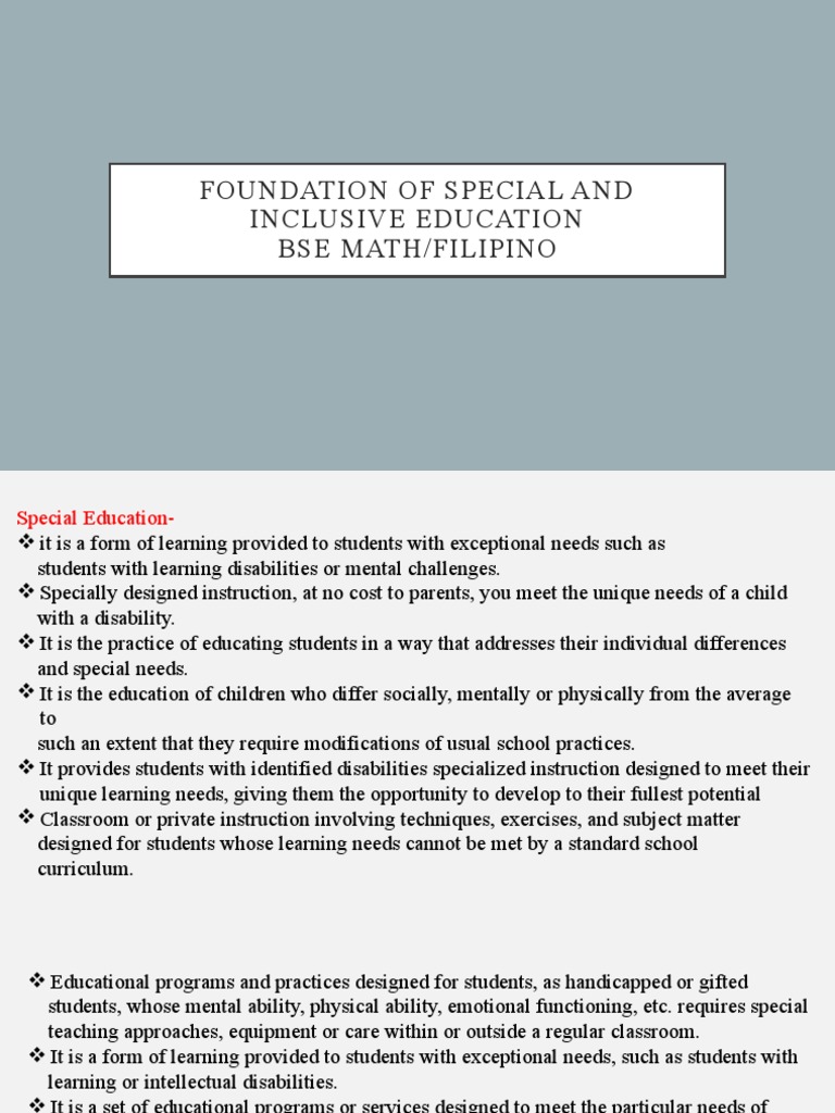Foundation of Special and Inclusive Education Bse Math/Filipino ...