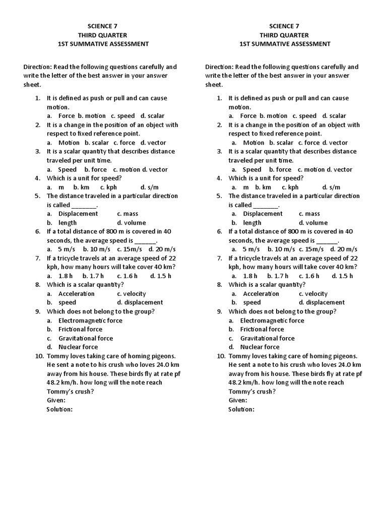 Science 7: 1st Summative Assessment | PDF | Speed | Distance