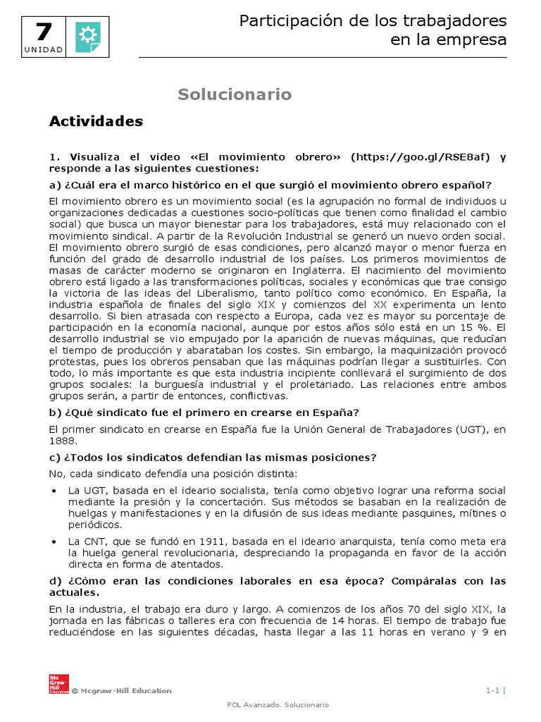 Solucionario Tema 7 Formación y Orientación Laboral | PDF | Bloqueo (industria) | Sindicato