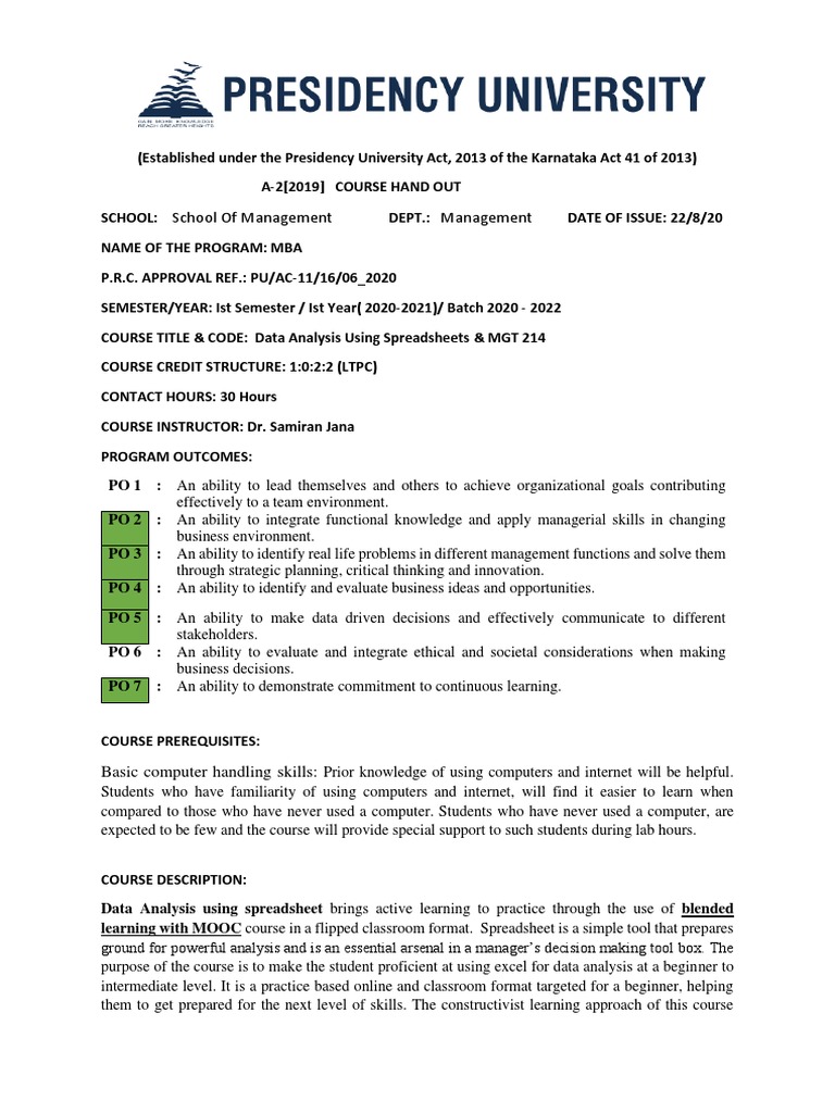Course Handout Spreadsheet For Managers | PDF | Microsoft Excel ...