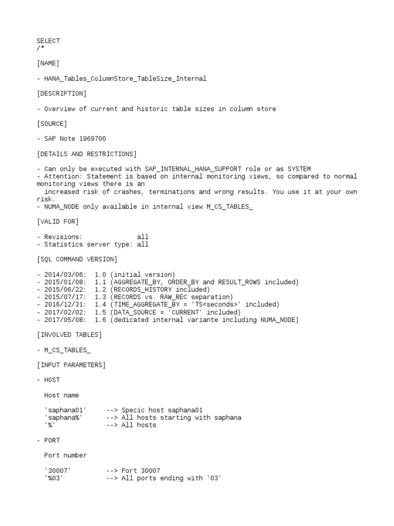 HANA Tables ColumnStore TableSize Internal | PDF | Schema (Psychology ...