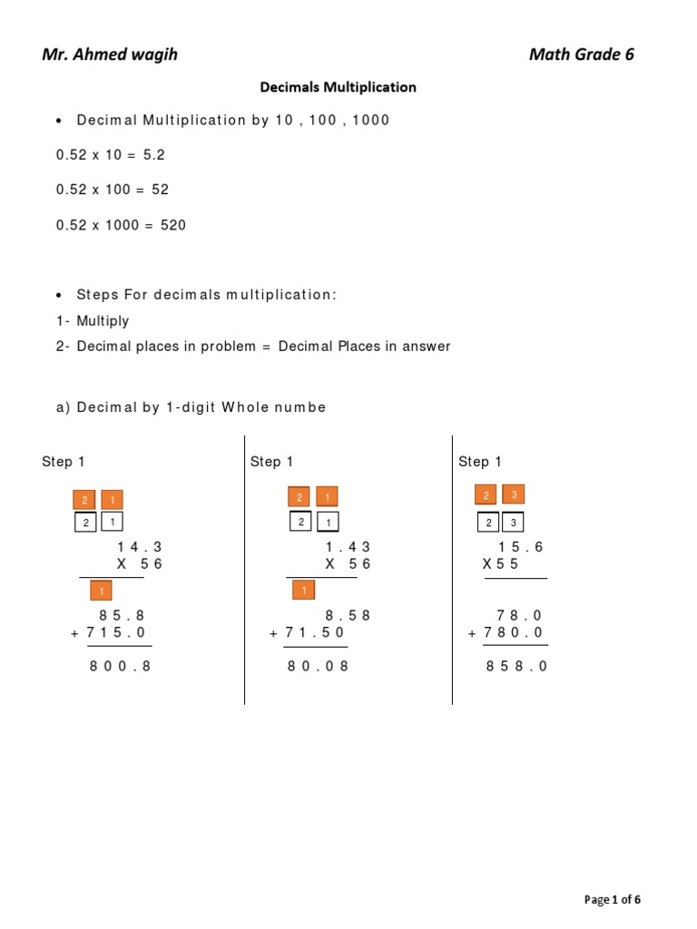 Mr. Ahmed Wagih Math Grade 6: Decimals Multiplication | Download Free ...