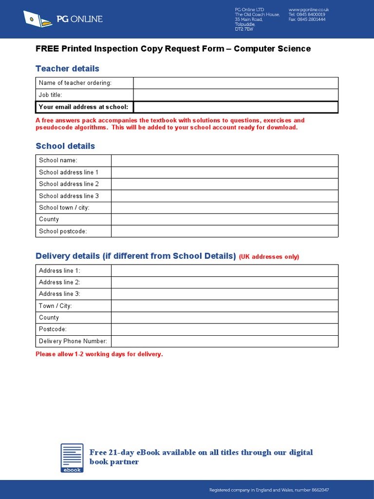 Teacher Details: FREE Printed Inspection Copy Request Form - Computer ...
