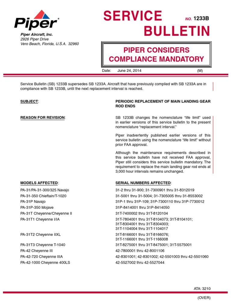 Service Bulletin: Piper Considers Compliance Mandatory | PDF | Machines ...