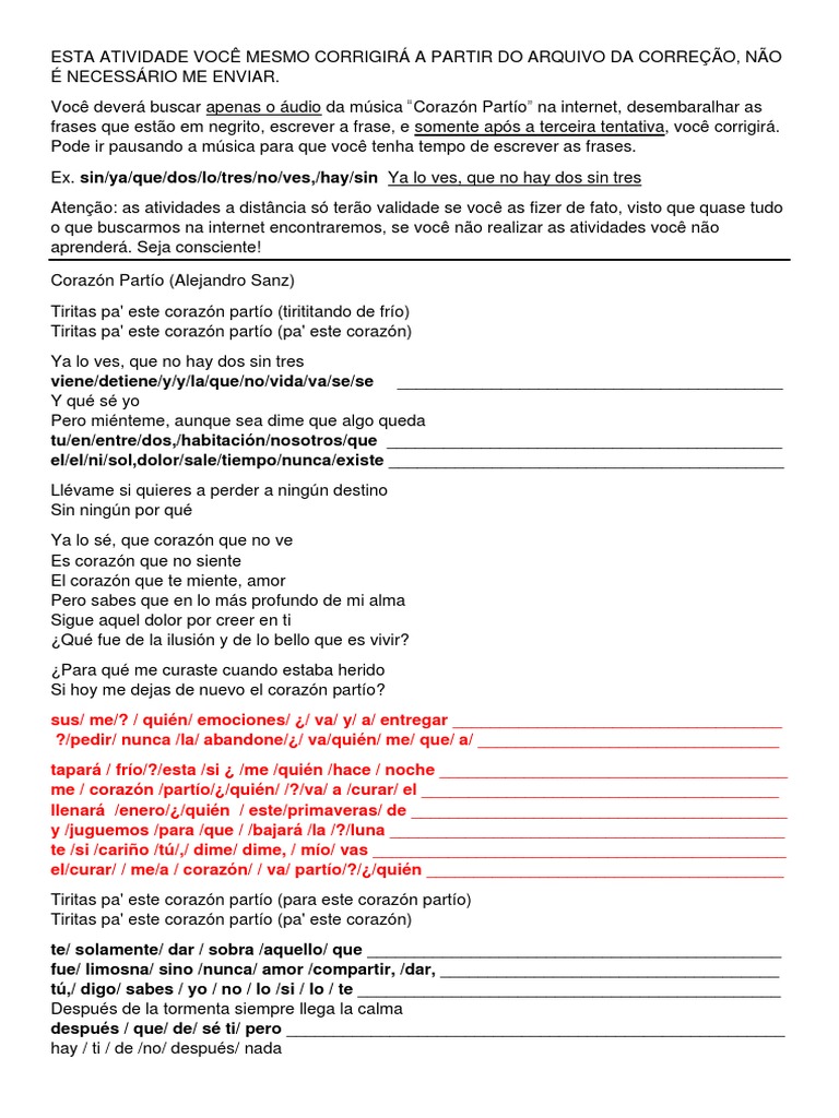 Actividad de Comprensión Auditiva: Corazón Partío | PDF