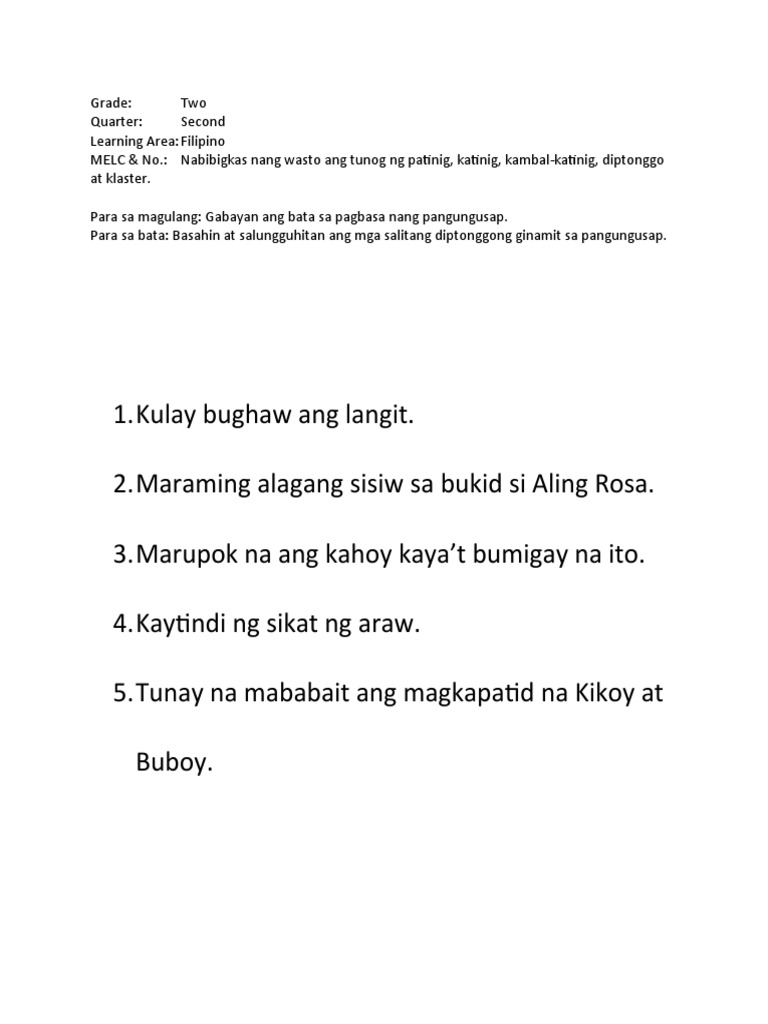 Reading Materials Grade 2 - Filipino | PDF