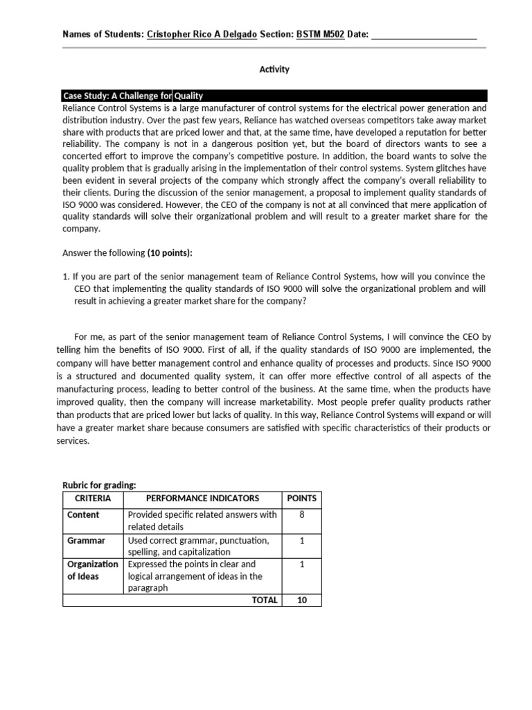 Case Study: A Challenge For Quality: Activity | PDF | Iso 9000 ...
