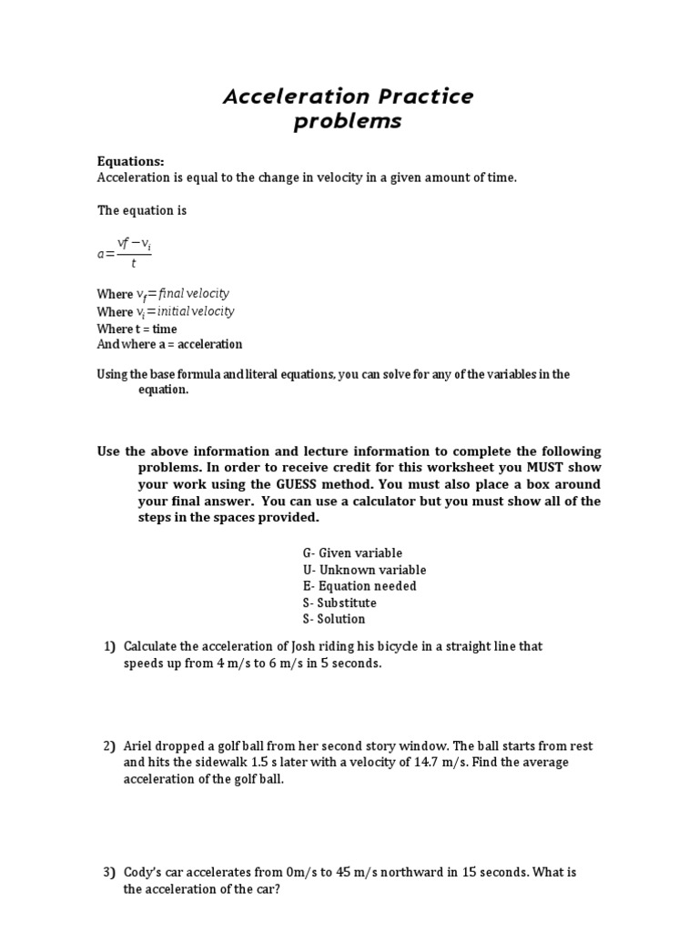 Acceleration Practice Problems (2) - 2020 | PDF | Equations | Acceleration
