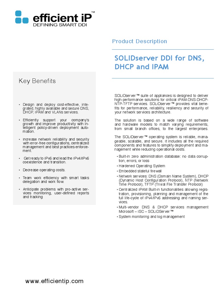 Efficientip SOLIDserver Ipam Dns DHCP Ds PDF | PDF | Domain Name System | Ip Address
