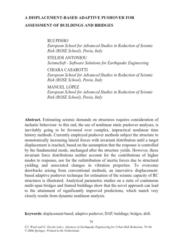 A Displacement-Based Adaptive Pushover For Assessment of Buildings and Bridges - Rui Pinho, Et ...