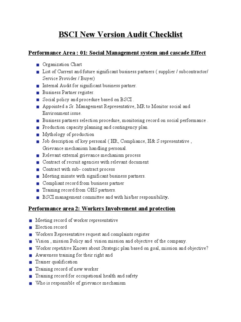 BSCI Audit Checklist Overview | PDF | Occupational Safety And Health ...