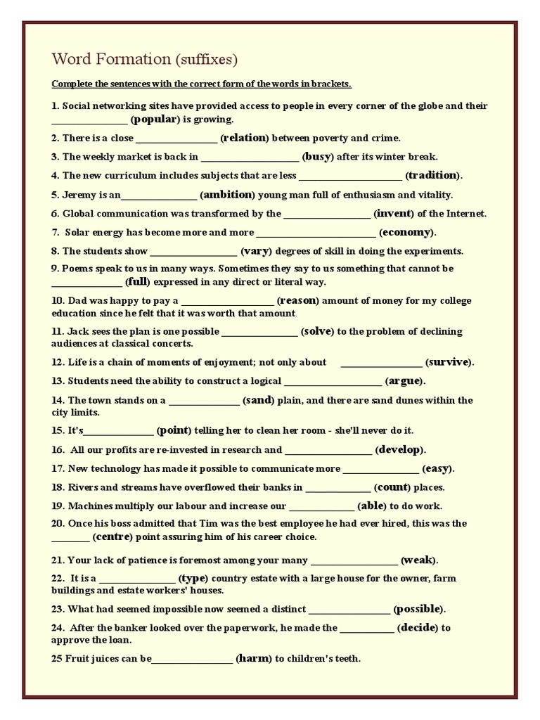 Word Formation Suffixes Grammar Drills Oneonone Activities Tests ...