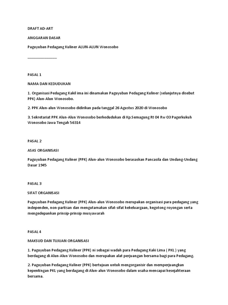AD-ART Paguyuban Pedagang Kuliner PPK | PDF | Hukum