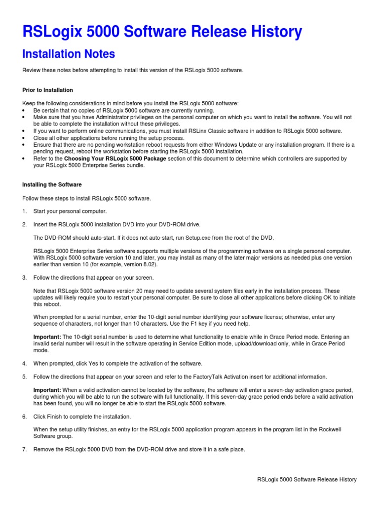 Rslogix 5000 Software Release History: Installation Notes | PDF ...
