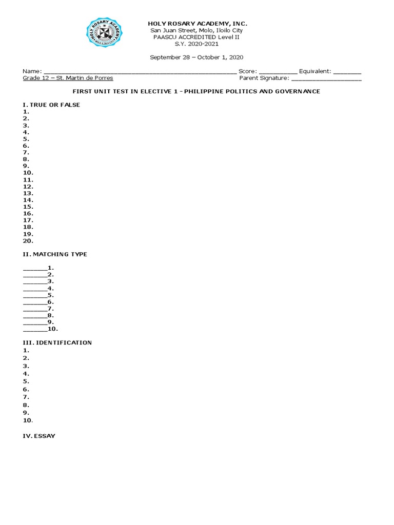 Grade-12-Elective-1-Answer Sheet | PDF