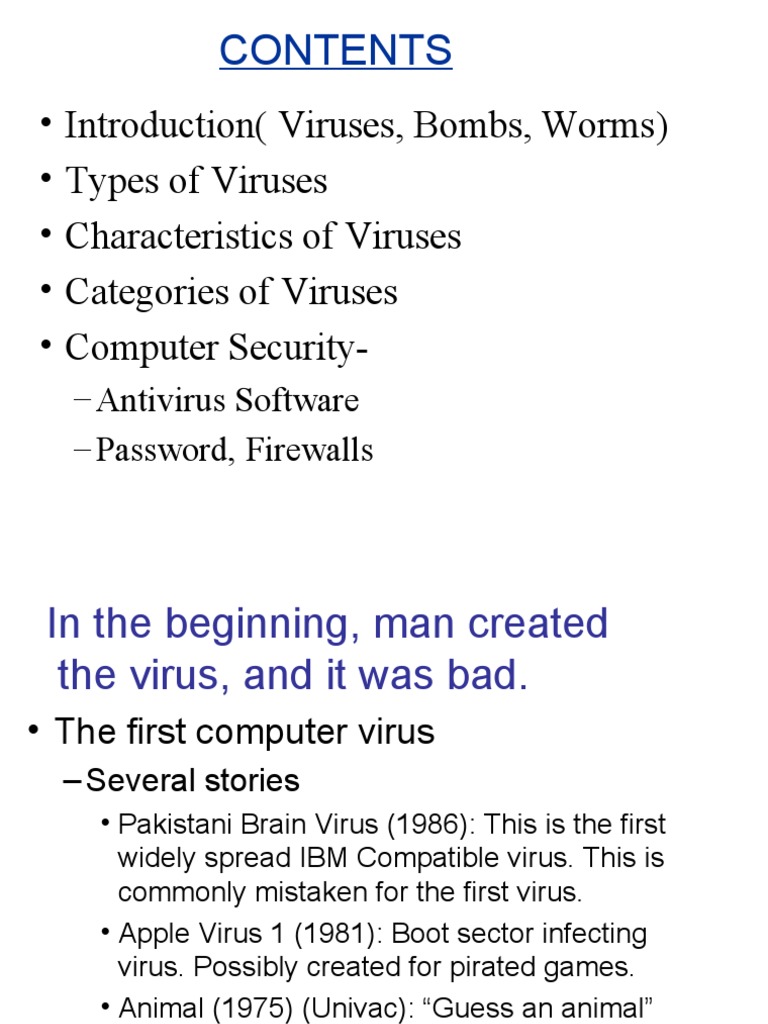 Introduction (Viruses, Bombs, Worms) - Types of Viruses ...