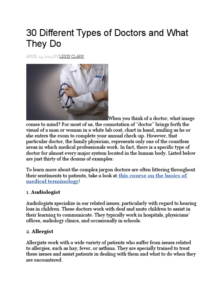 30 Different Types of Doctors and What They Do | PDF | Neurology | Surgery
