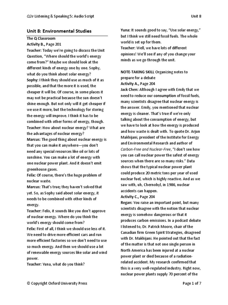 Unit 8: Environmental Studies: Q2e Listening & Speaking 5: Audio Script ...