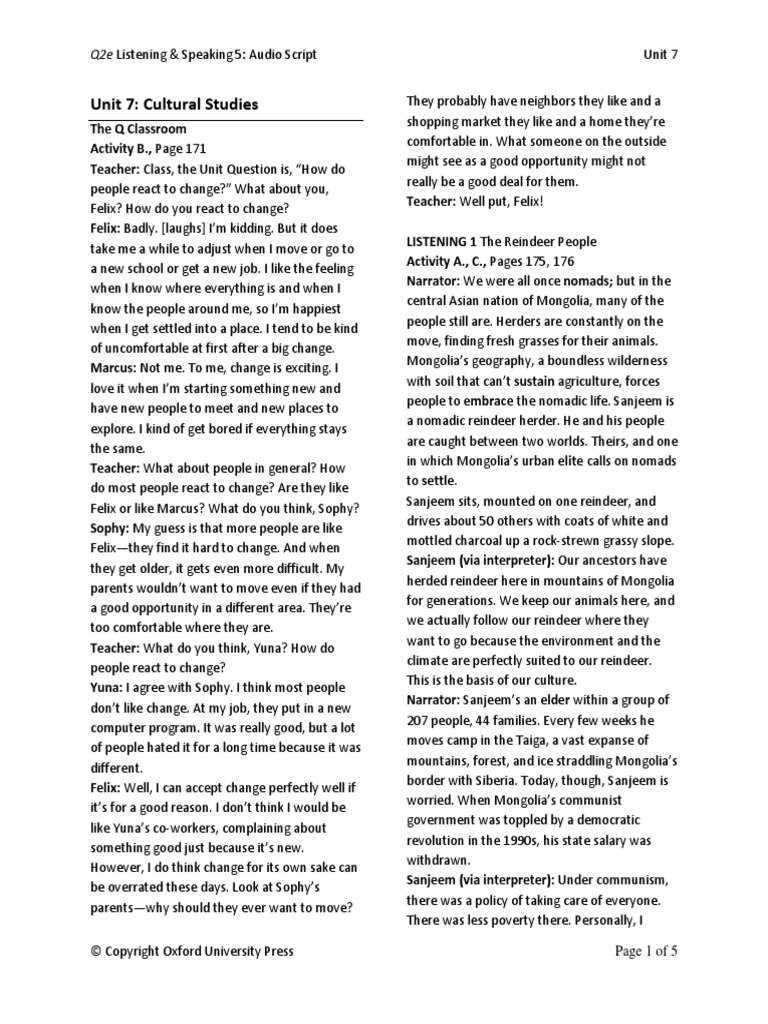 Unit 7: Cultural Studies: Q2e Listening & Speaking 5: Audio Script | PDF | Reindeer