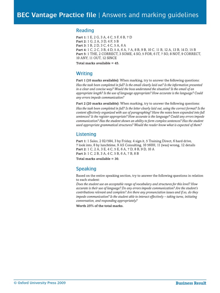 BEC Vantage Practice File - : Answers and Marking Guidelines | PDF ...