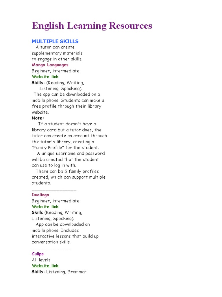 English Learning Resources | PDF | Reading Comprehension | Flashcard