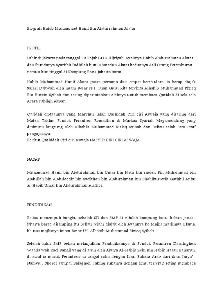 Biografi Habib Muhammad Hanif Bin Abdurrahman Alatas - 1 | PDF