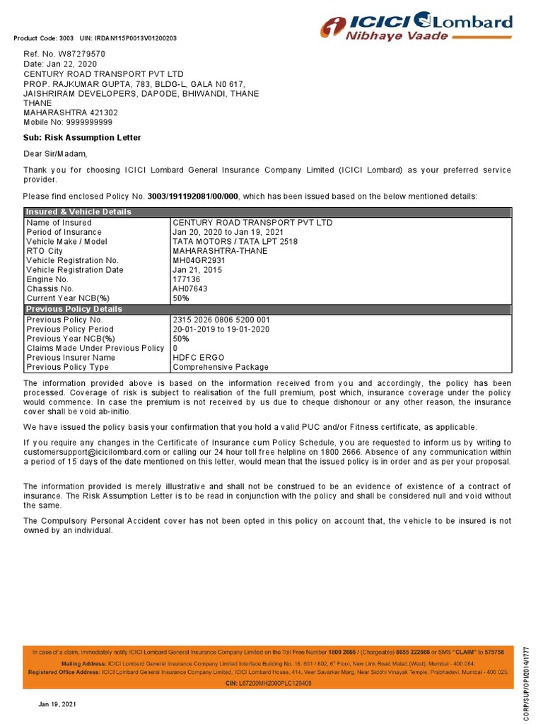 Sub: Risk Assumption Letter: Insured & Vehicle Details | PDF ...