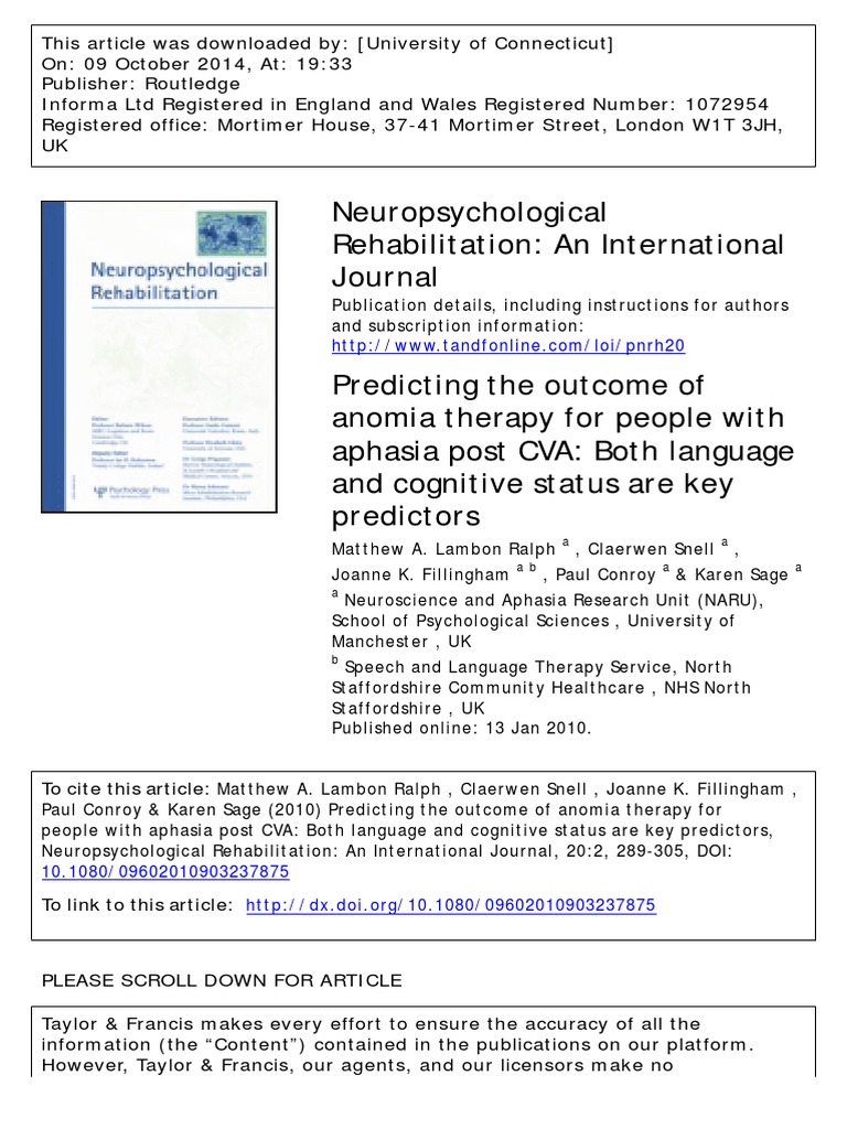Predicting The Outcome of Anomia Therapy For People | PDF | Aphasia ...