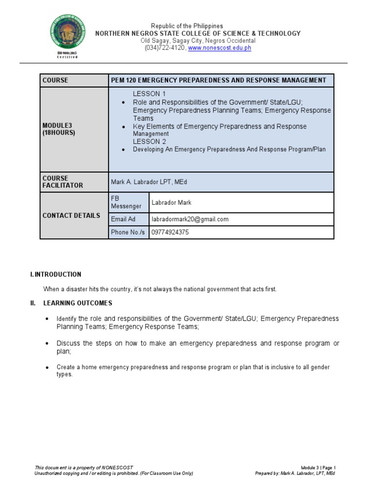 Module 3 Emergency Preparedness and Response Management | PDF | Emergency Management | Emergency