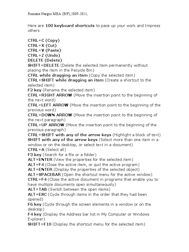 100 Keyboard Shortcuts | PDF | Computer Keyboard | Window (Computing)