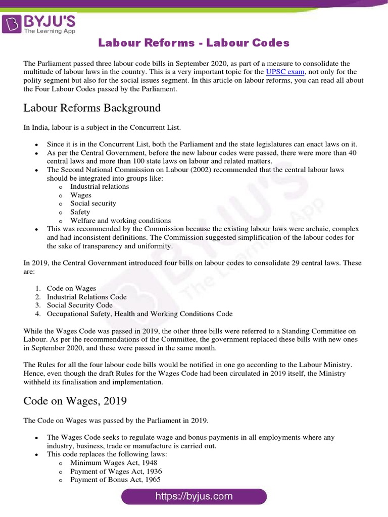 Labour Reforms - Labour Codes | PDF | Wage | Employment
