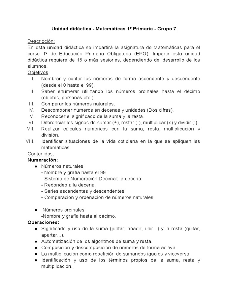 Unidad Didáctica - Matemáticas 1º Primaria | PDF | Sustracción ...