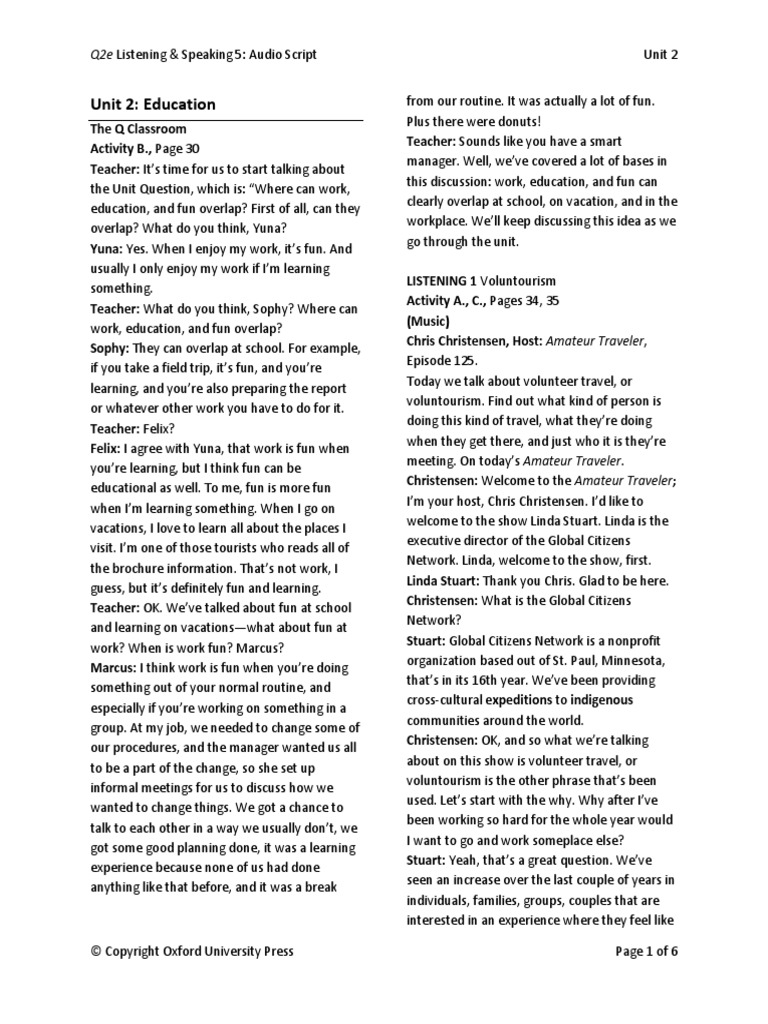 Unit 2: Education: Q2e Listening & Speaking 5: Audio Script | PDF | Science