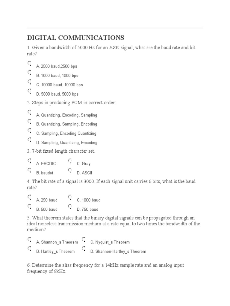 DIGITAL COMMUNICATIONS - Quiz | PDF | Bandwidth (Signal Processing) | Sampling (Signal Processing)