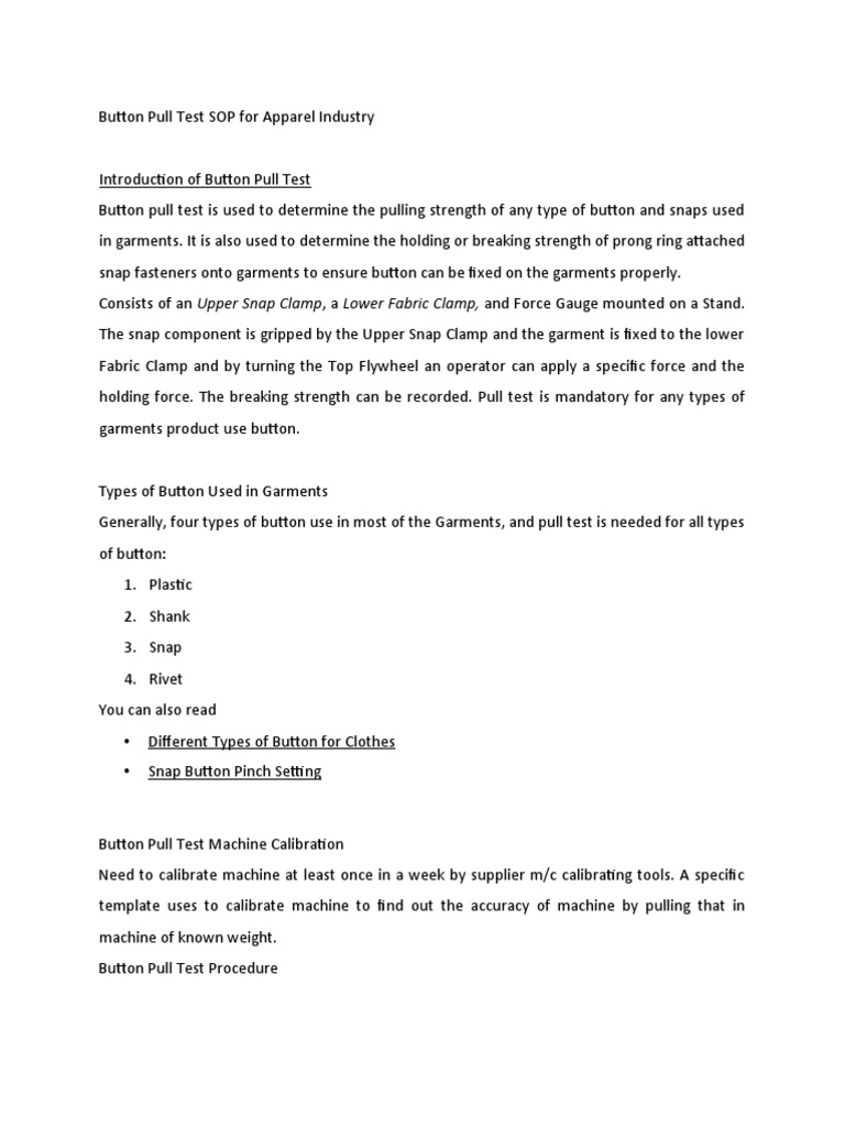Button Pull Test SOP For Apparel Industry | PDF | Rivet | Clothing