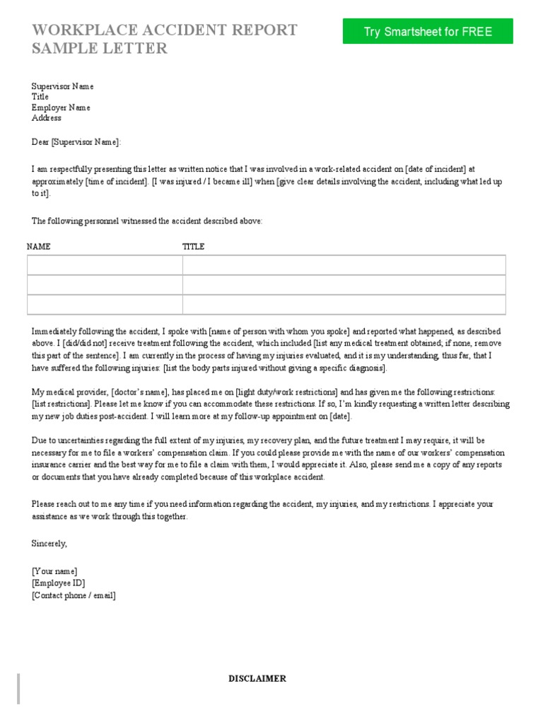 Workplace Accident Report Sample Letter: Name Title | PDF