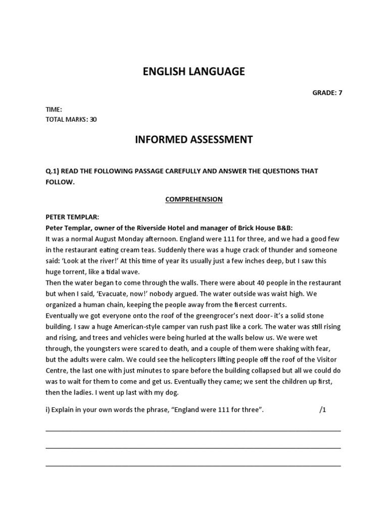 Assessment Paper - ENGLISH LANGUAGE (Grade 7) | PDF | Linguistics | Grammar