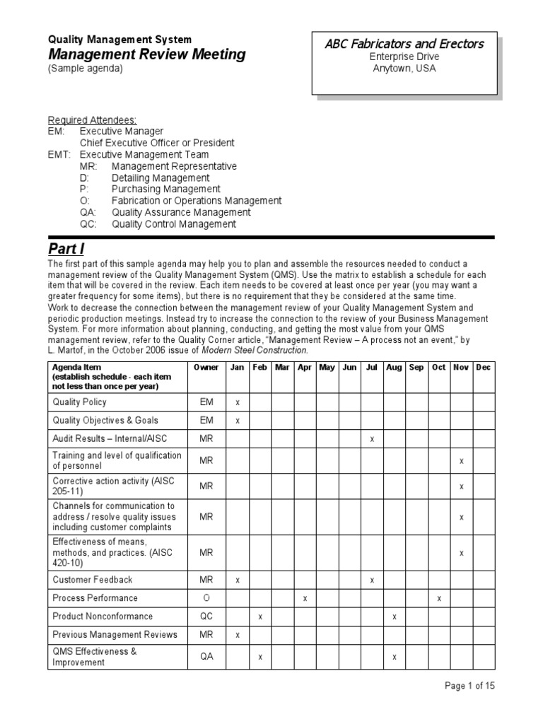 Management Review Meeting Agenda Sample | PDF | Quality Management ...