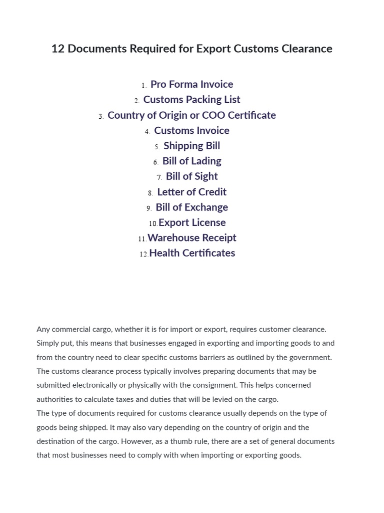 12 Documents Required For Export Customs Clearance | PDF | Bill Of ...