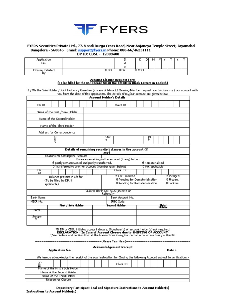 Demat Closure Form FYERS | Download Free PDF | Financial Services ...