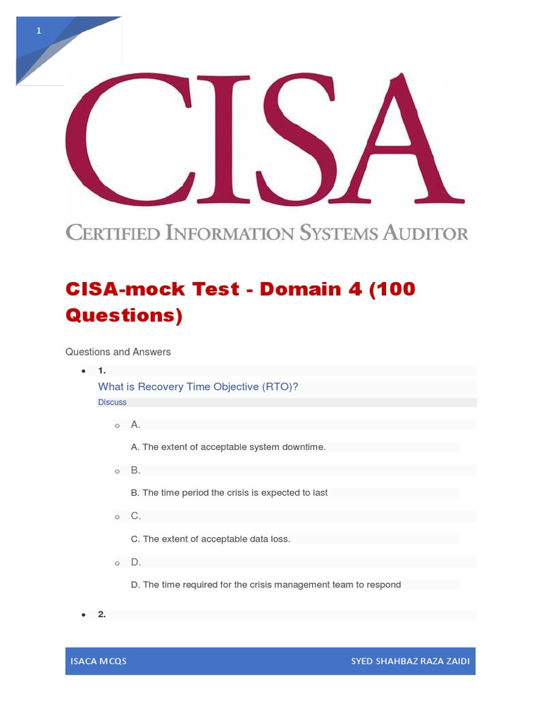 CISA-mock Test - Domain 4 (100 Questions) : What Is Recovery Time ...