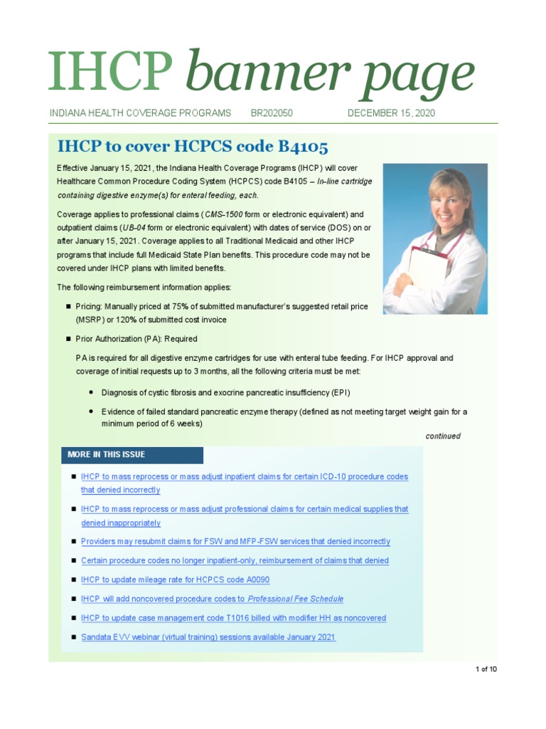 Banner Page: IHCP To Cover HCPCS Code B4105 | PDF | Fee For Service ...