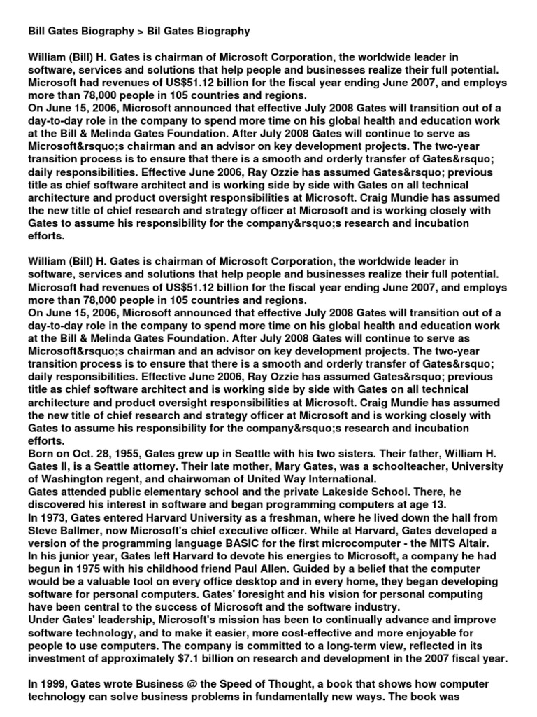 Bill Gates Biography | PDF | Bill & Melinda Gates Foundation | Microsoft