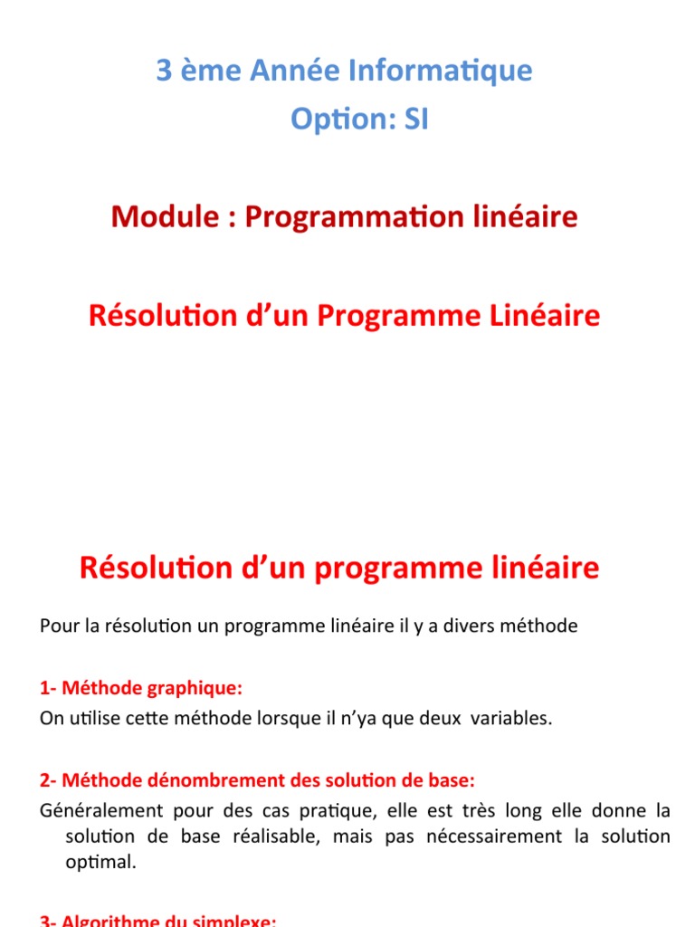 Cours 3 Résolution Dun Programme Linéaire | PDF | Optimisation linéaire ...