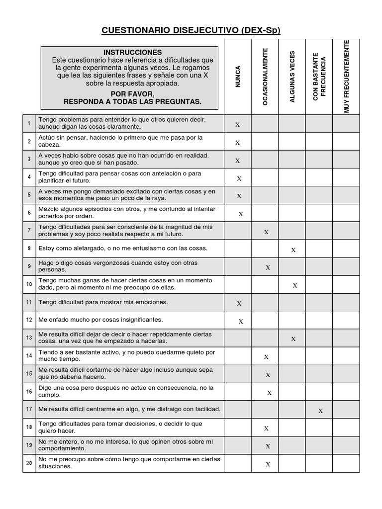 Cuestionario Disejecutivo DEX SP PDF | PDF | Sicología | Science