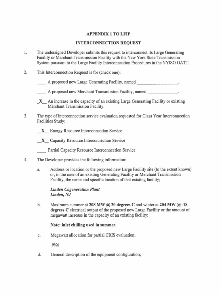 Appendix 1 To Lfip Interconnection Request: Linden Cogeneration Plant Linden, NJ | PDF ...