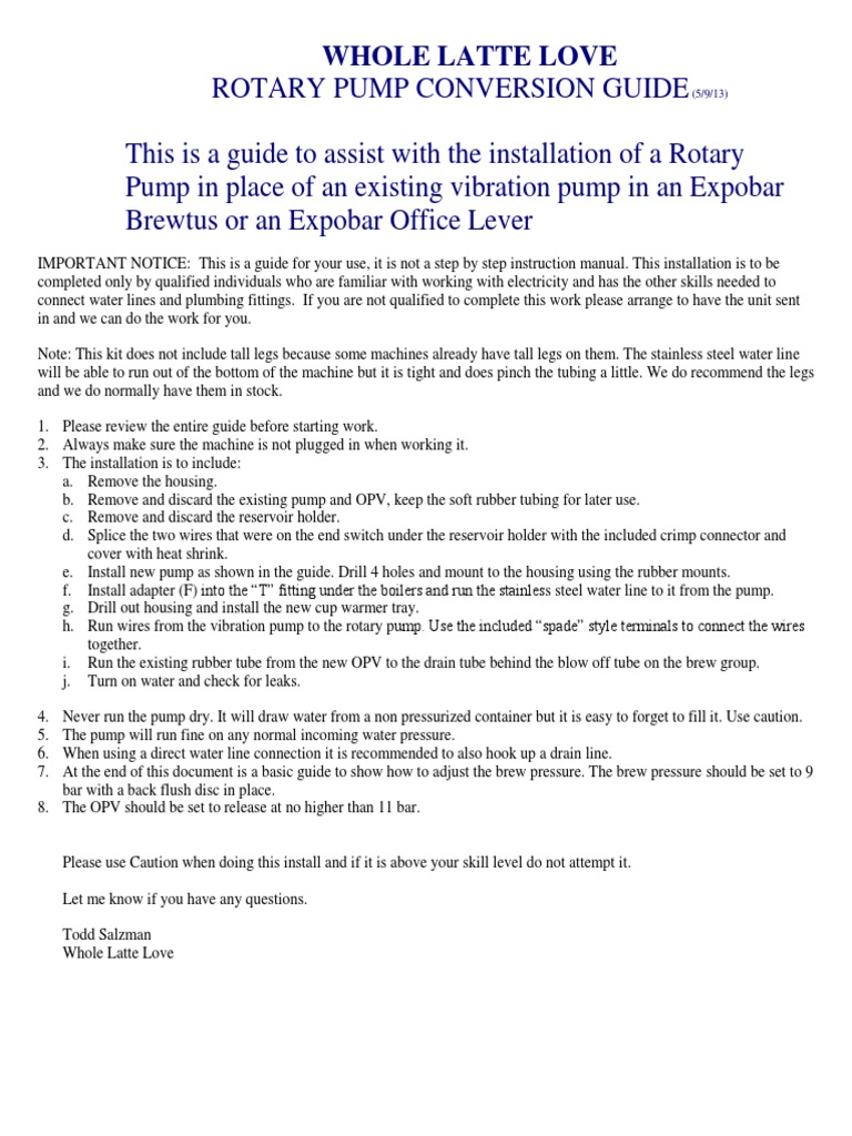 EXPOBAR BREWTUS Rotary Pump Conversion | PDF | Pump | Pipe (Fluid ...