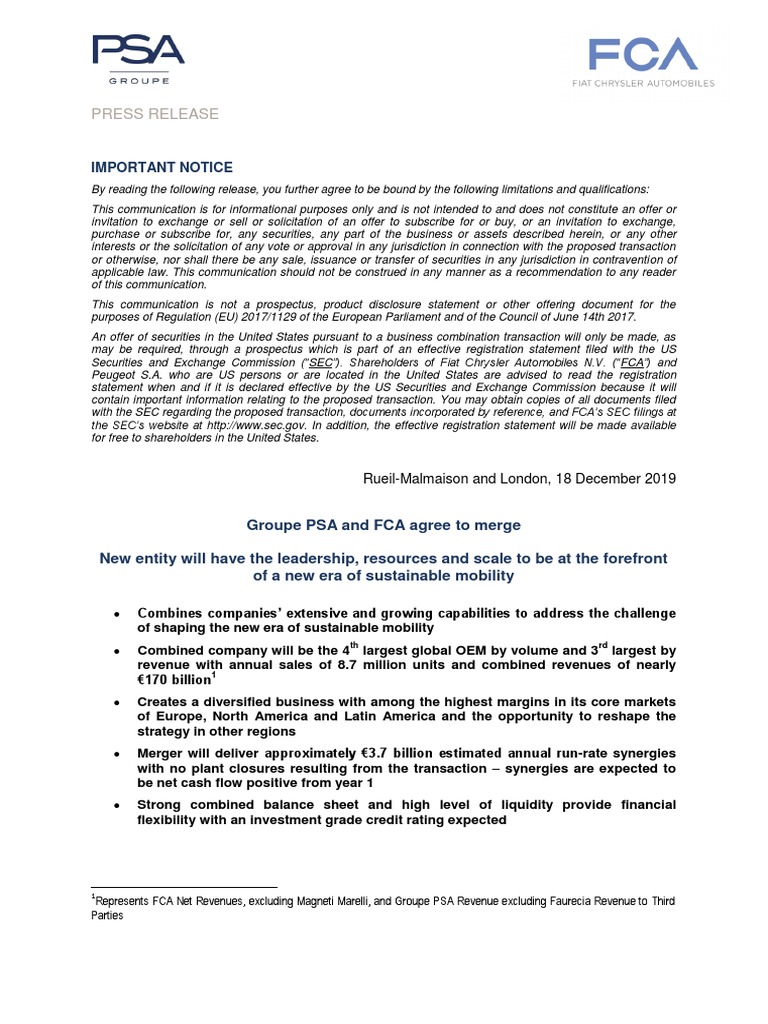Groupe PSA and FCA Agree To Merge | PDF | Chrysler | Supply Chain